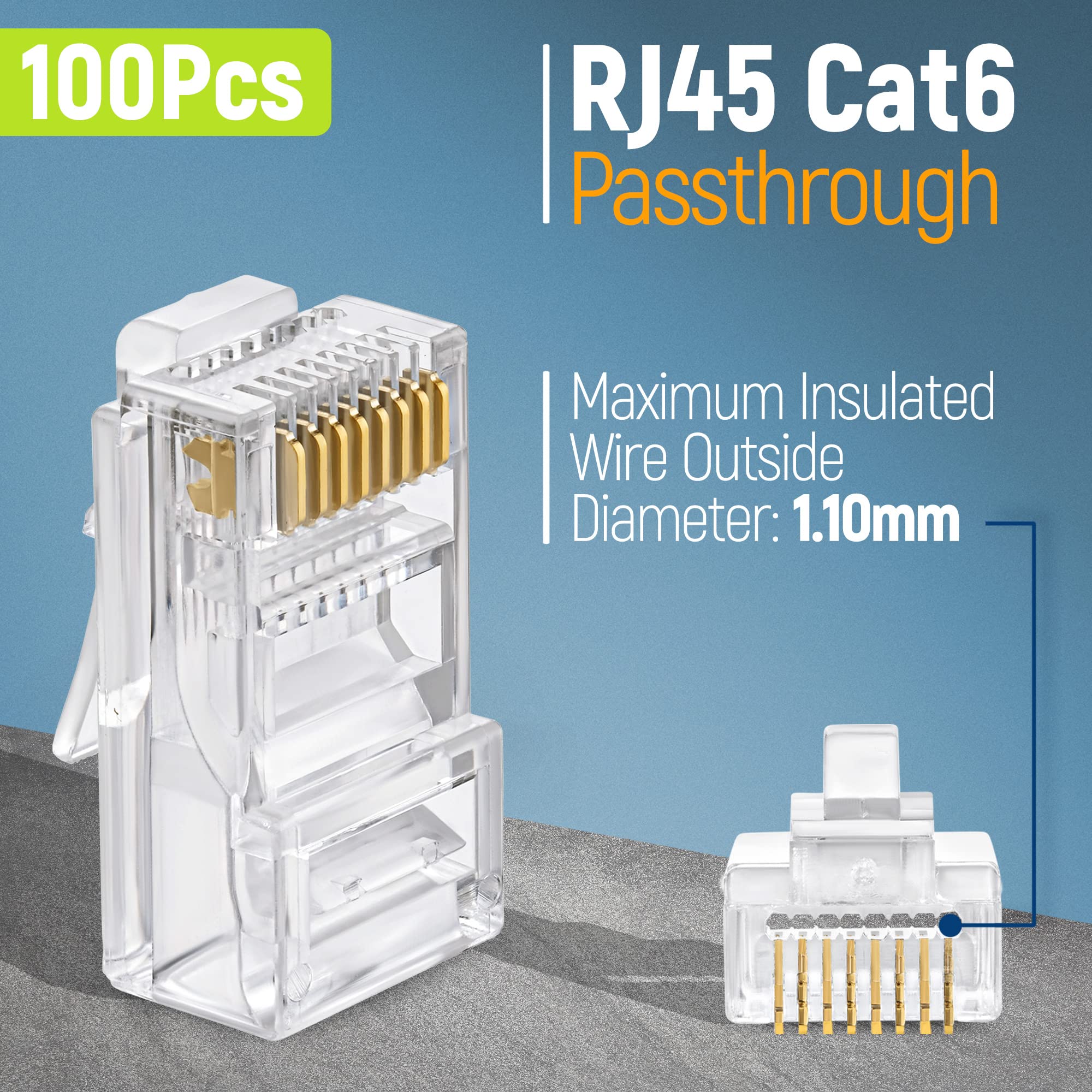 GTZ Cat6 RJ45 Pass Through Connector 100-Pack - EZ Cat 6 Pass Through RJ45 Connectors - cat 6 connectors - Ethernet Connector - Ethernet Plug - for Solid or Stranded UTP Network Cable