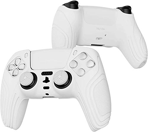 eXtremeRate PlayVital Samurai Edition White Anti-Slip Controller Grip Silicone Skin for ps5, Ergonomic Soft Rubber Protective Case for ps5 Controller with White Thumb Stick Caps