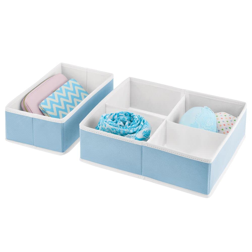 mDesign Soft Fabric Polka Dot Dresser Drawer and Closet Storage Organizer Bin for Child/Kids Room, Nursery, Playroom - Divided 5 Section Tray, Set of 4 - Light Blue/White