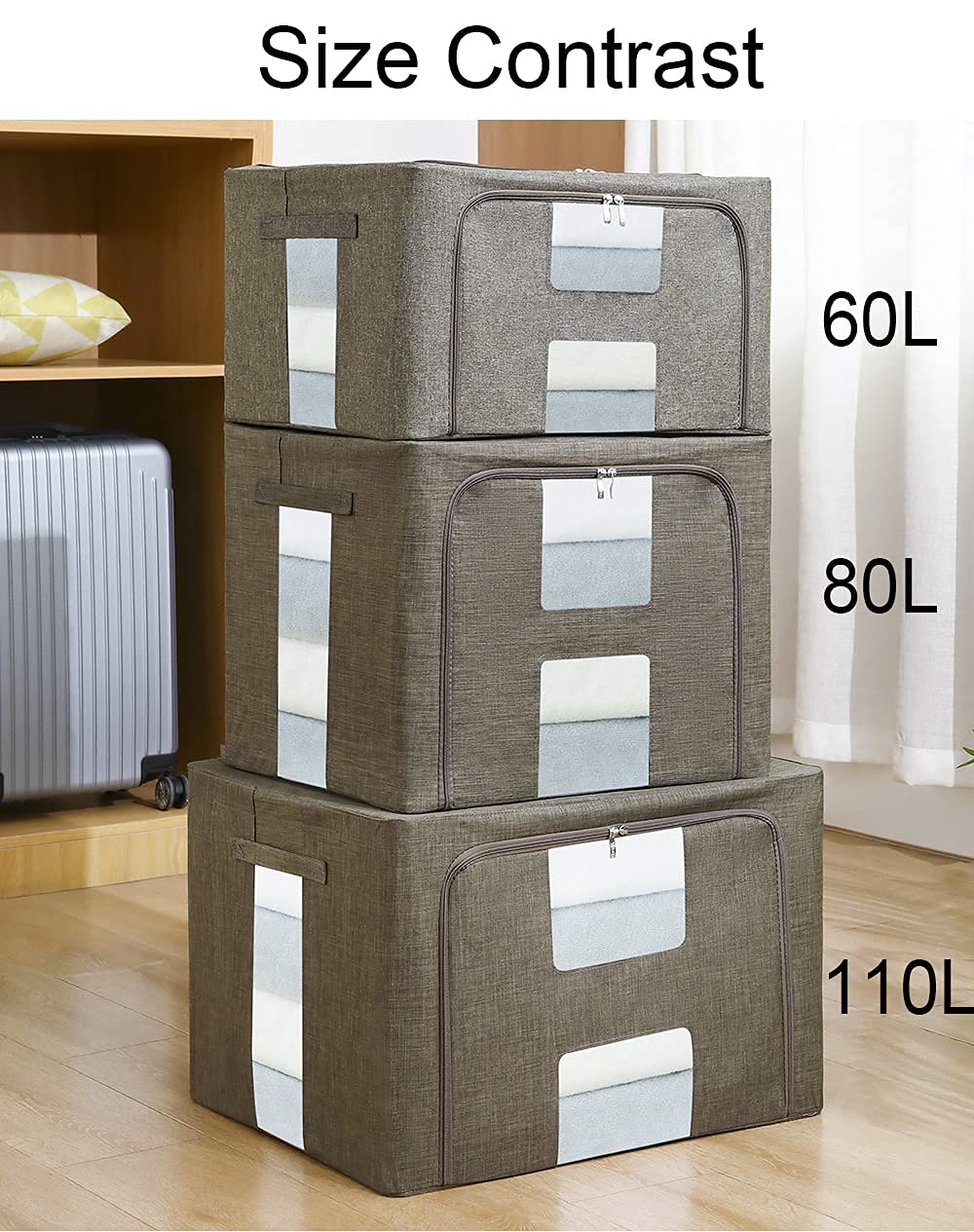 BESTUNIHOM Stackable Oxford Storage Bins with Transparent Windows for Clothing, Quilts, Blankets, Foldable Bedroom Storage Closet Organizers, 2 Pcs Brown 60L SNX-NJB012PBR60