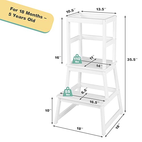 Costzon Kids Kitchen Step Stool with Safety Rail, 2 in 1 Solid Wood Montessori Learning Stool Standing Helper for Kitchen Counter, 2-Tier Seat Stool for Toddlers 18 Months-5 Years Old, White