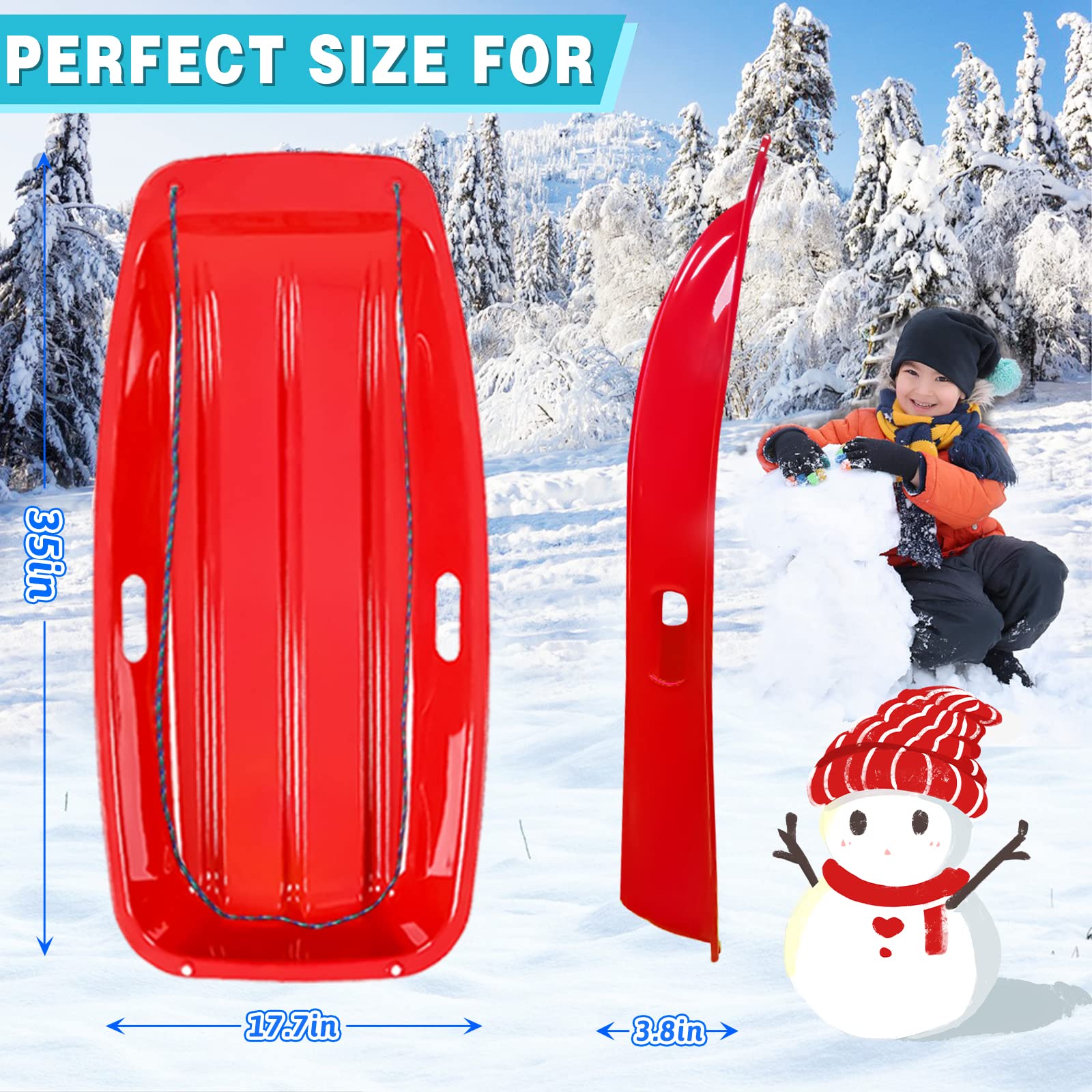 35“Plastic Snow Sled, Sleds for Kids and Adults with Handles (1-Pack)
