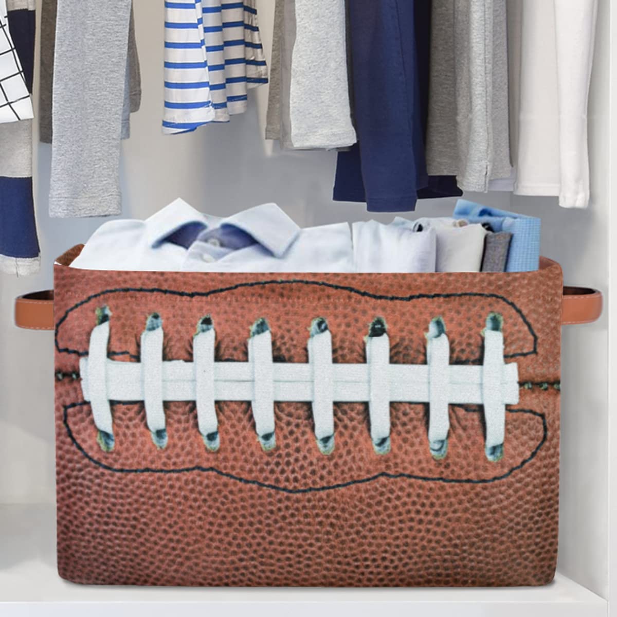American Football Laces Storage Basket Cube Sport Ball Large Toys Storage Box Bin with Handle Collapsible Closet Shelf Cloth Organizer for Nursery Bedroom,15x11x9.5 in,1 Pack