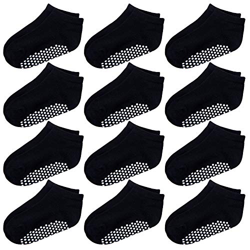 Cooraby 12 Pairs Kids' Non Slip Half Cushion Low Cut Socks Non-Skid Classic Ankle Socks (Black, 3-5 Years)