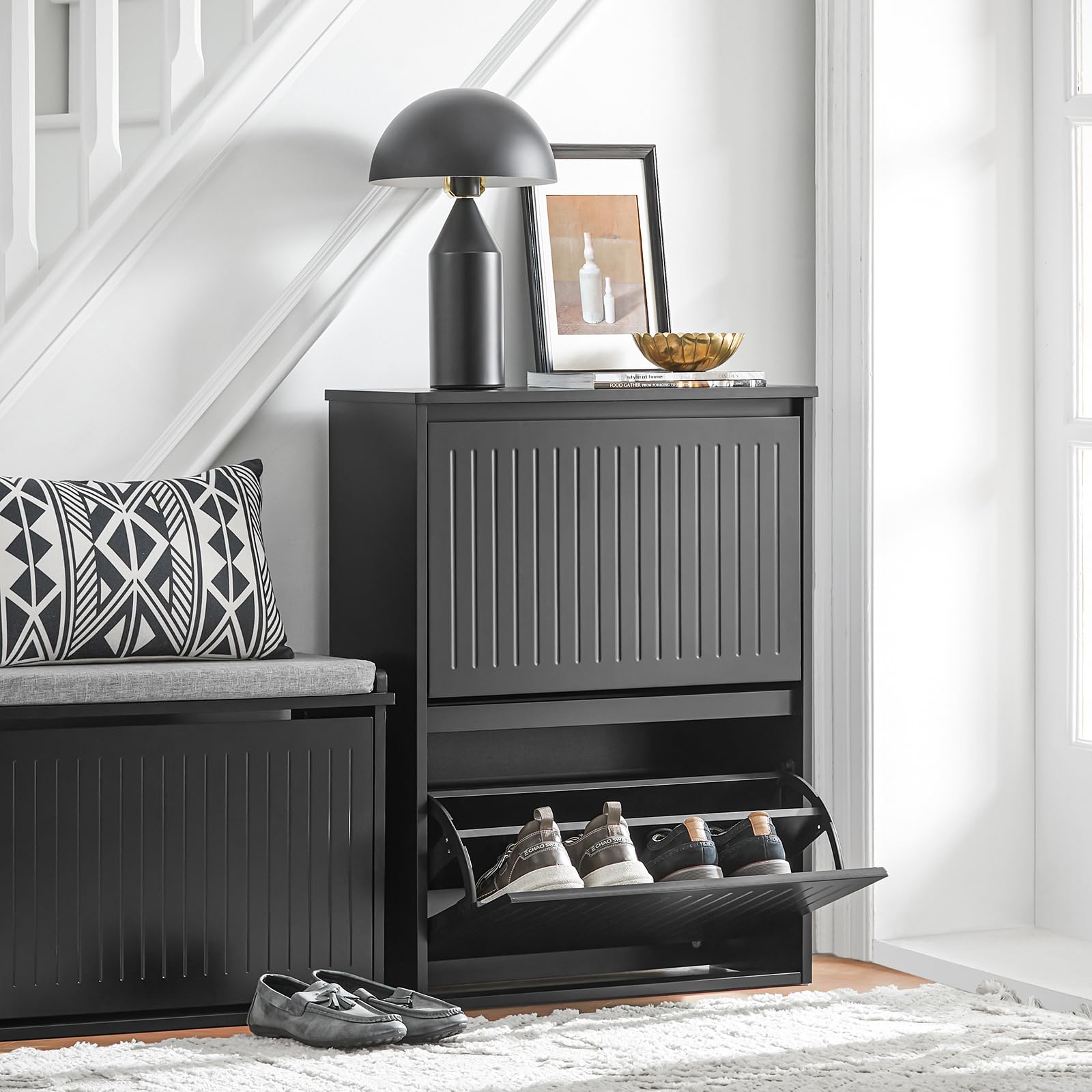 Haotian Shoe Storage Cabinet with 2 Flip-Drawers, Freestanding Shoe Organizer for Entryway, Narrow Hallway Shoe Rack, Black
