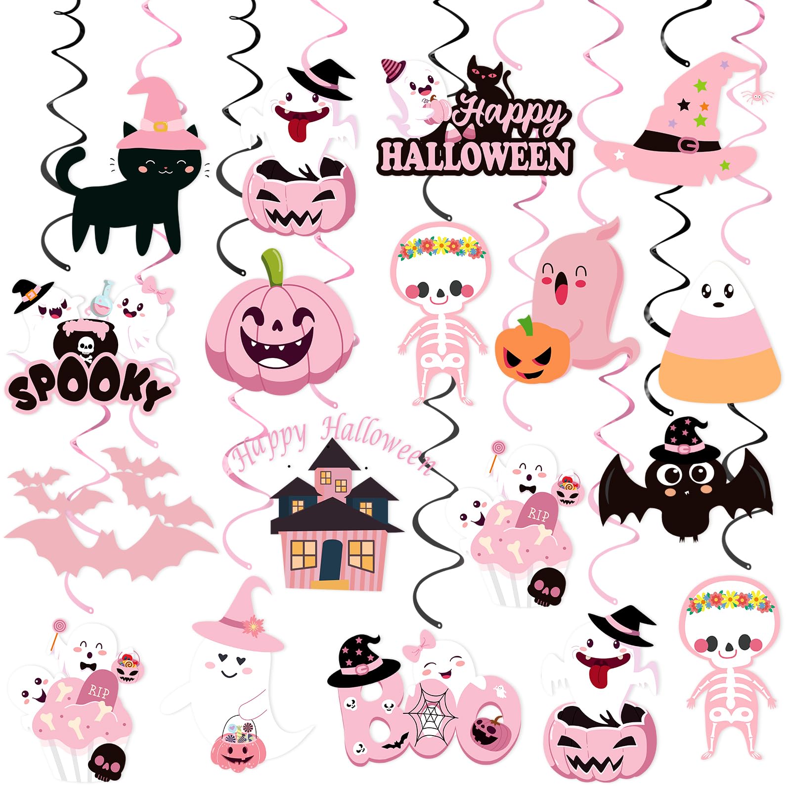 30Pcs Pink Halloween Birthday Party Hanging Swirls Decorations, Cute Pink Ghost Pumpkin Ceiling Hanging Streamers for Pink Halloween Themed Baby Shower Birthday Party Decorations