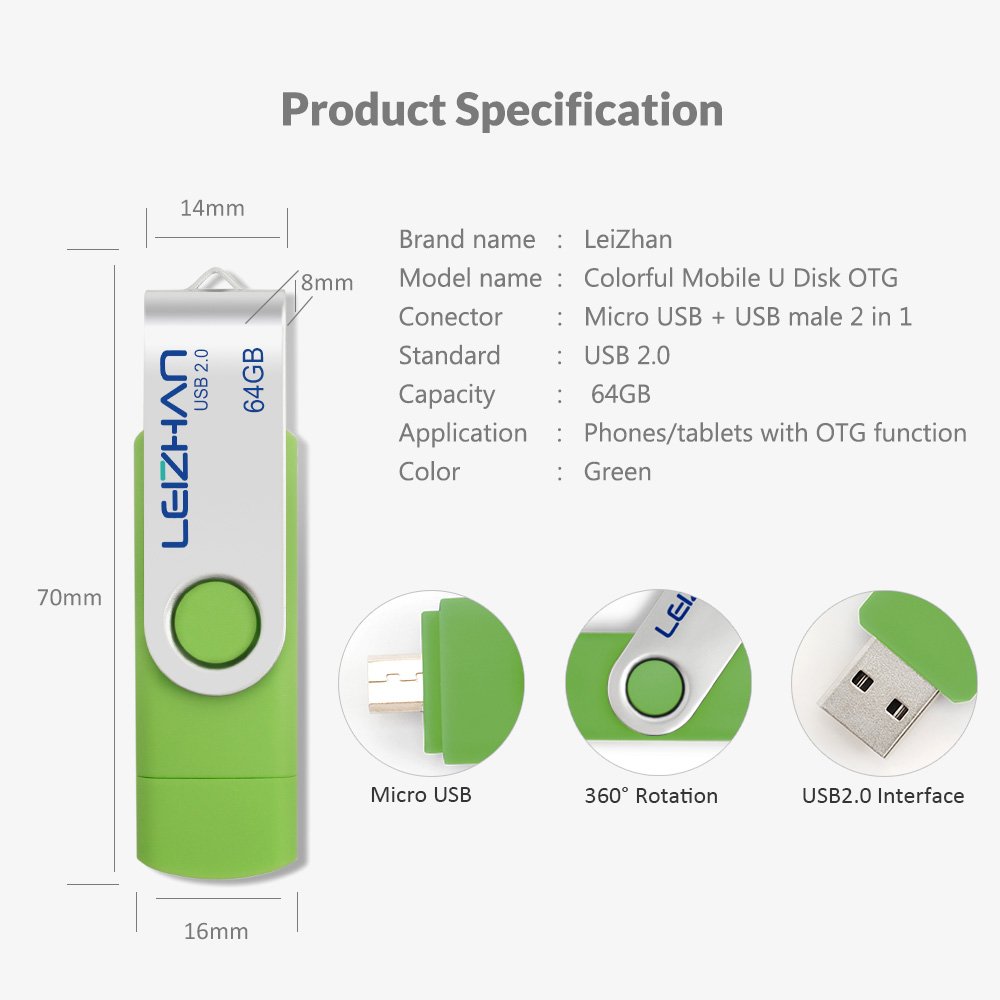 leizhan 64gb Flash Drive for Android Phone, Phone Picture Stick for Samsung Galaxy S7/S6/S5/S4/S3/Xiaomi/Meizu/HTC/Nokia/Moto/Huawei, USB 2.0-Micro,Green