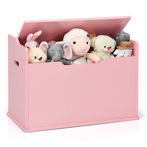 Costzon Kids Wooden Toy Chest, Wide Toy Box Storage Chest with Bench Seat, Toy Storage Trunk Case with Finger-Pinch Prevention, Lift-Top Foot Rest Seat for Toddler Bedroom Playroom Entry (Pink)