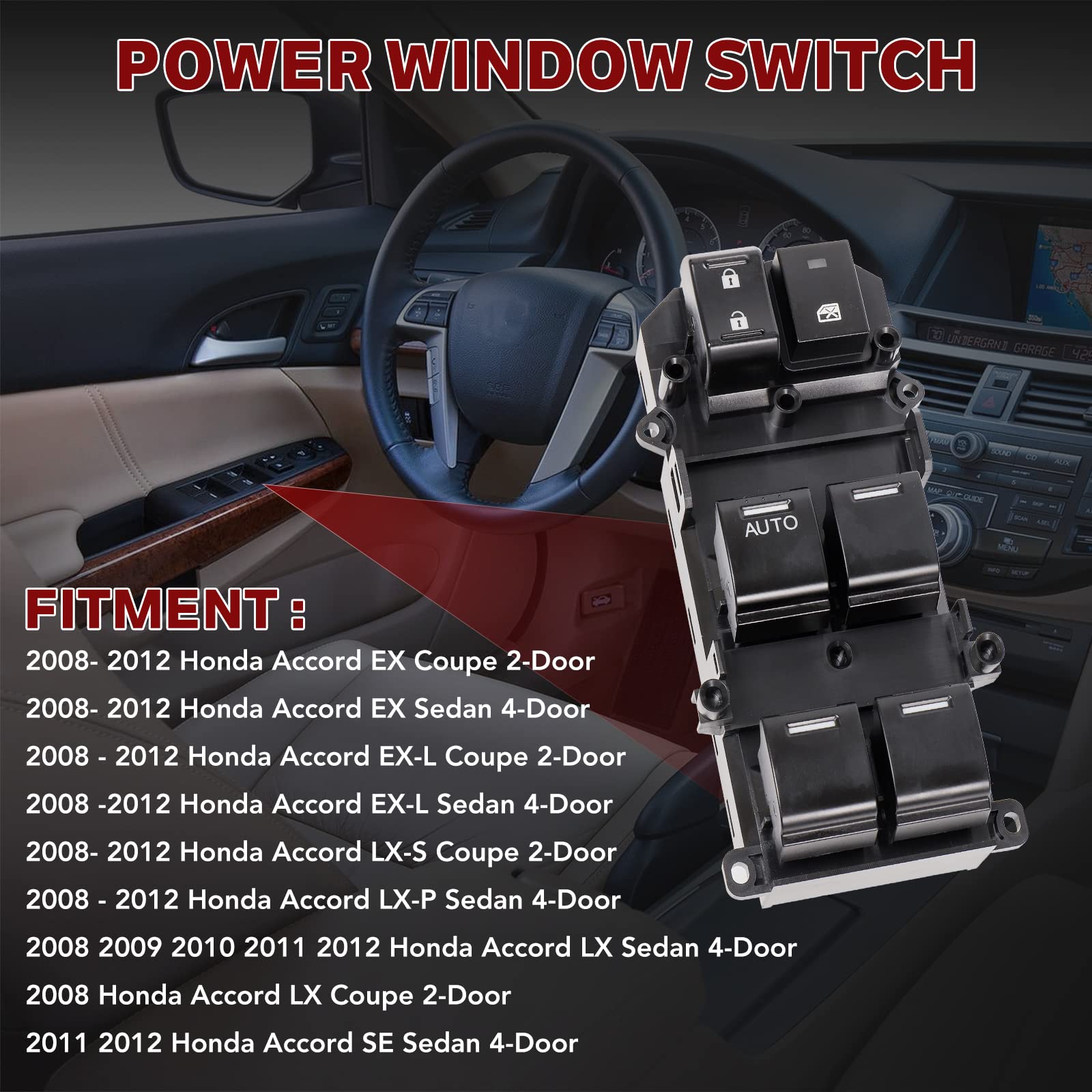 35750-TB0-H01 Driver Side Master Power Window Switch Replacement for Honda Accord 2008 2009 2010 2011 2012, Replace# 35750-TBD-H13, 35750-TA0-A02