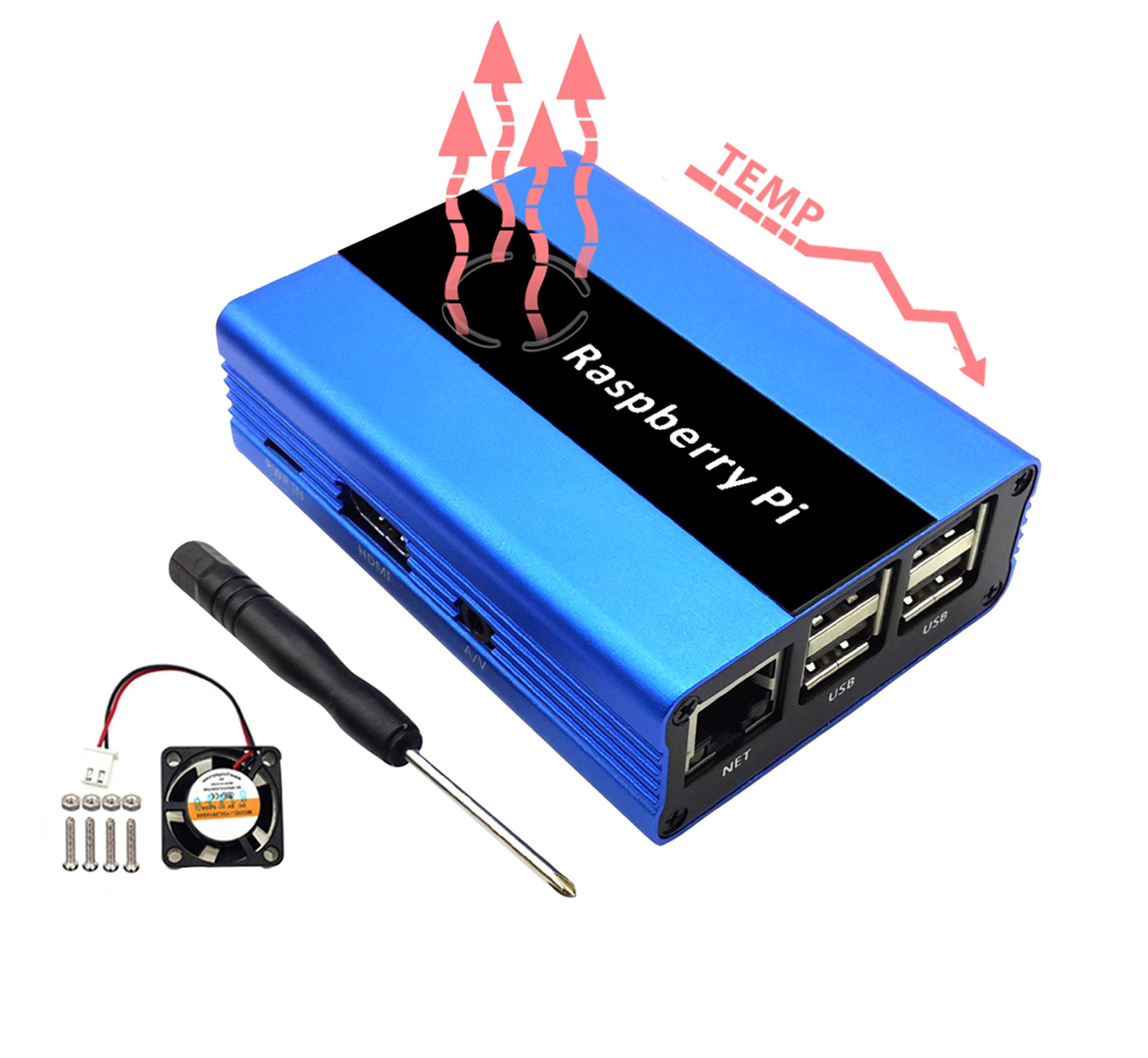 Premium Raspberry Pi Case Aluminum with Fan for Raspberry Pi 3B+/3/2B (Blue)