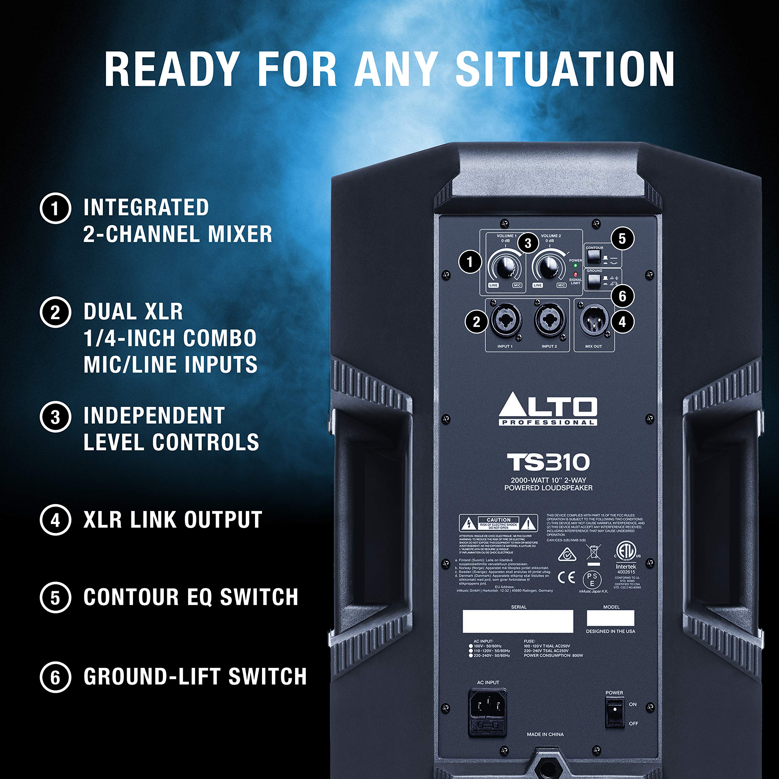 Alto Professional TS310 | 2000 Watt 10 Inch 2 Way Powered PA Speaker with Integrated 2-Channel Mixer and Pole or Wedge Positioning Options