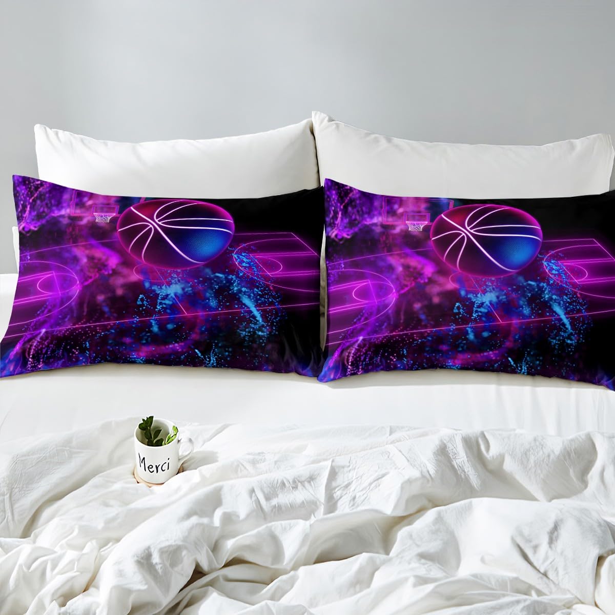 Castle Fairy Cool Basketball Flat Sheet Full Size,Neon Gradient Tie-dye Red Glowing Light Decor Modern Style Bed Sheet Set for Boys Girls Teens,Ball Game Sports Hobby Activity Bed Sheet Set 4 Piece
