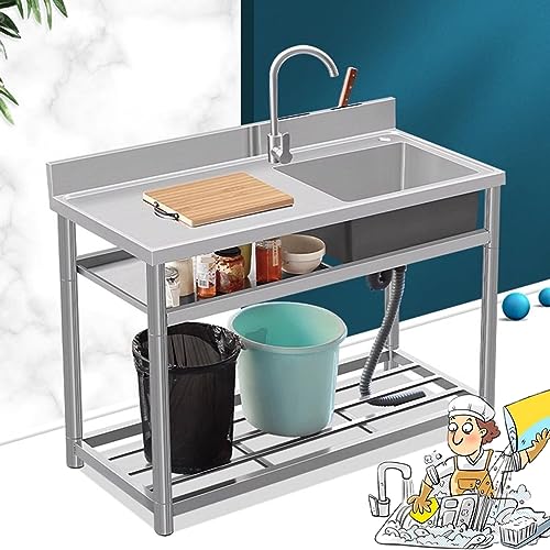 Commercial Sink Utility Free-standing, Outdoor Stainless Steel Sink Single Bowl Restaurant Kitchen Sink Set, w/Drainboard & Double Storage Shelves, Faucet (Color : B, Size : 100x50x80cm/39.4x19.7x31