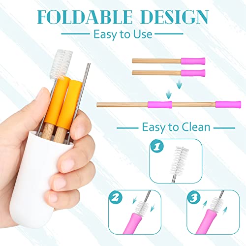 4 Pcs Reusable Straws with Case Drinking Silicone Straws Set with Case Portable Foldable Travel Straws with Cleaning Brush for Party Travel Household Cold or Hot Straws(Blue, White,Long Style)