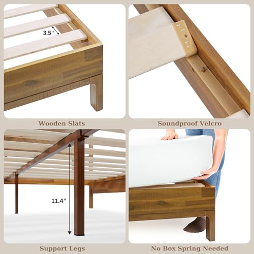 Bme Ethan Solid Wood King Bed Frame with Diamond Headboard - Rustic & Mid-century Modern - Acacia Wood Platform Bed - Compatible with All Mattresses - No Box Spring Needed - Rustic Dark Brown