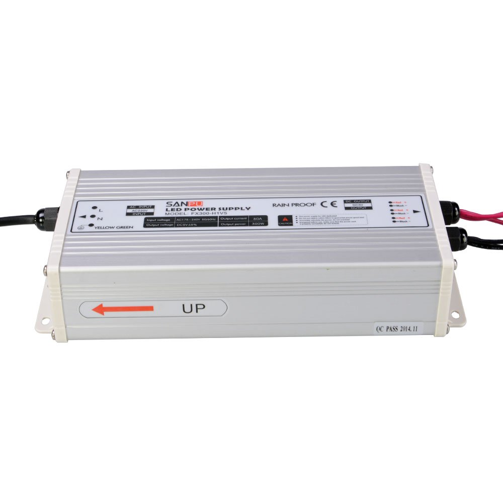 Switch Mode Power Supply 300W 5V 60A Constant Voltage LED Driver 5VDC Rainproof Outdoor 110V AC to DC 5 Volt Transformer Converter (FX300-H1V5)