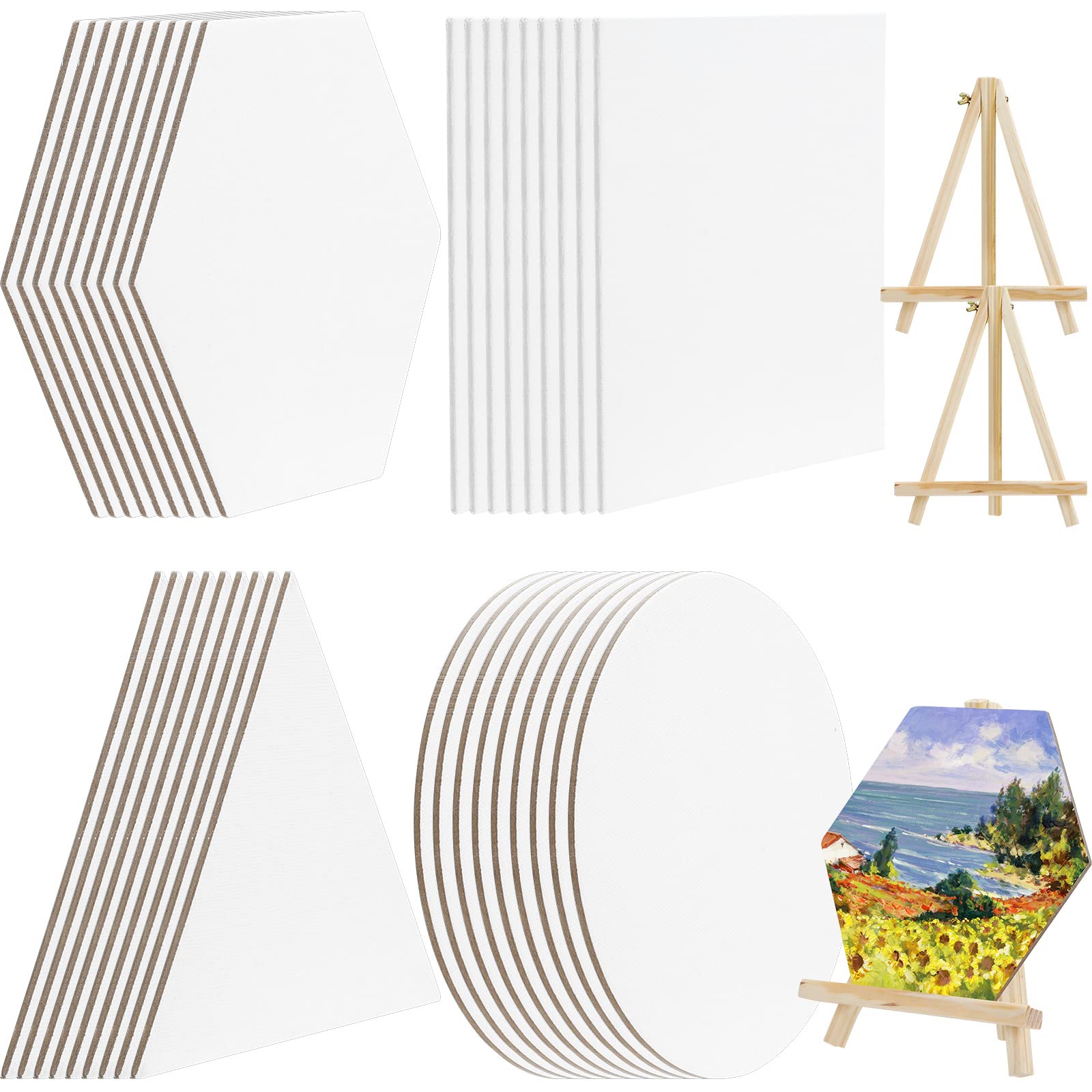 36 Pcs Canvases for Painting Kids 2 Mini Easels Blank Hexagon Round Triangle Shape Painting Canvas Stretched White Panels Canvas Boards for Arts (6 Inch)