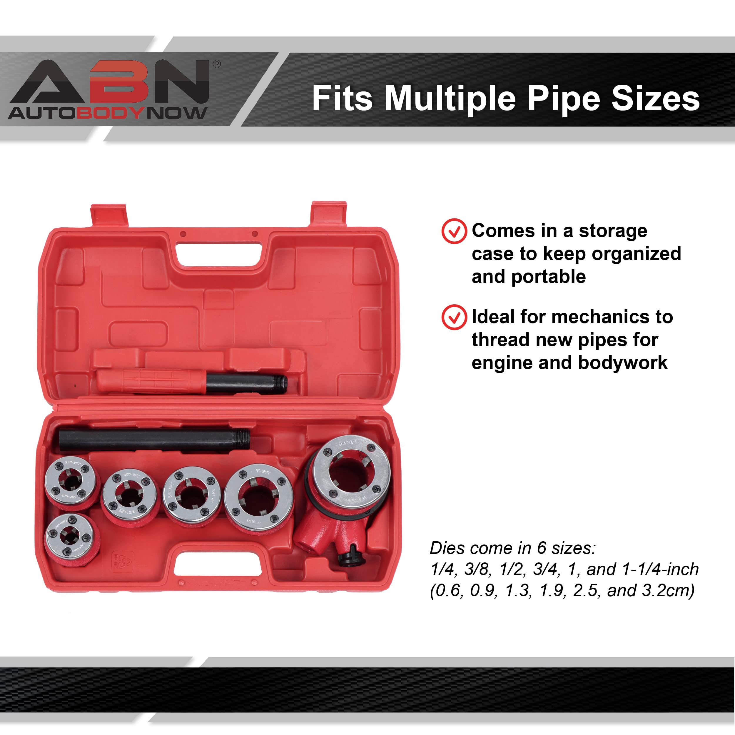 ABN Ratchet Pipe Threader - Galvanized Pipe Threader Kit with 6 Iron Pipe Dies for Threading Metal and PVC Pipes