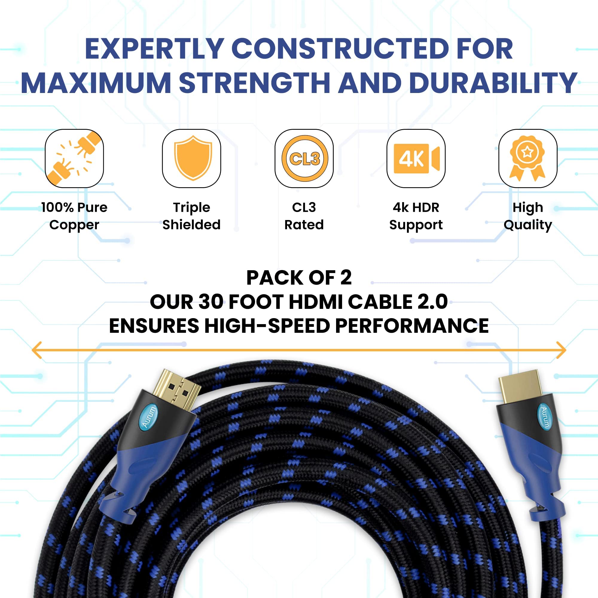 AURUM CABLES 20ft HDMI Cable 4K@60Hz Ultra HD, High Speed with Ethernet HDMI Cable Braided Nylon & Gold Connectors, ARC, CL3 Rated - Compatible with TV, PC, Monitor, Laptops, PS3, PS5, PS4