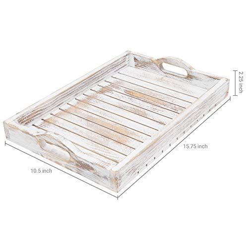 MyGift Shabby Chic Whitewashed Wood Breakfast Serving Tray with Cutout Handles