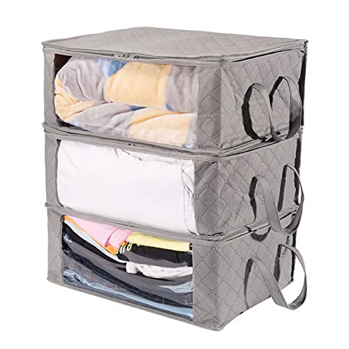 AzxecVcer 3 Pack Storage Bags,Foldable Storage Bag Organizers, Large Clear Window & Carry Handles,Under Bed Organizer Bag for Closets, Bedrooms for Comforters,Blankets,Clothes,Quilts and Towels, Gray)