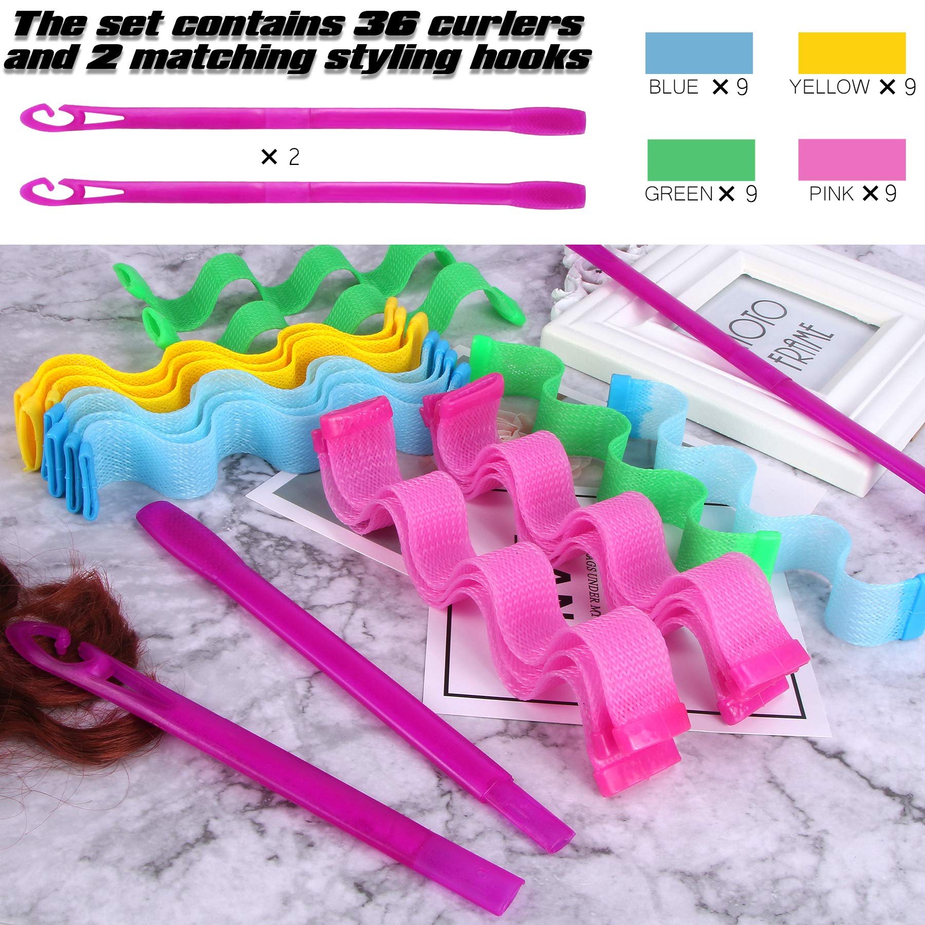 36 Pcs Magic Hair Roller Curlers Heatless Styling Kit with 2 Pcs Hair Hooks for Women Girls (9.8inches)