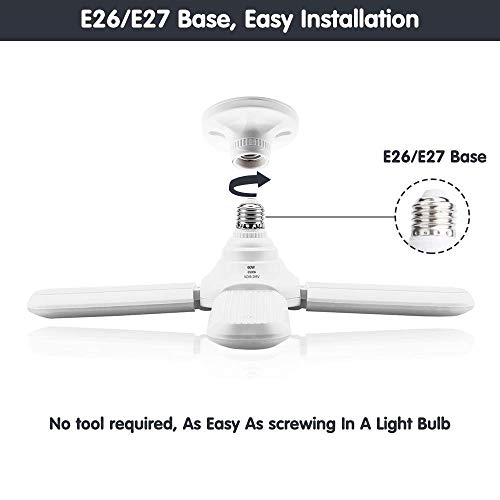 Intpro LED Garage Light, Deformable Garage Ceiling Light,60W 6000LM E26/E27 Super Bright Bulb,6500K Daylight High Bay Light Lamp with 4 Adjustable Panels,Utility Shop Light