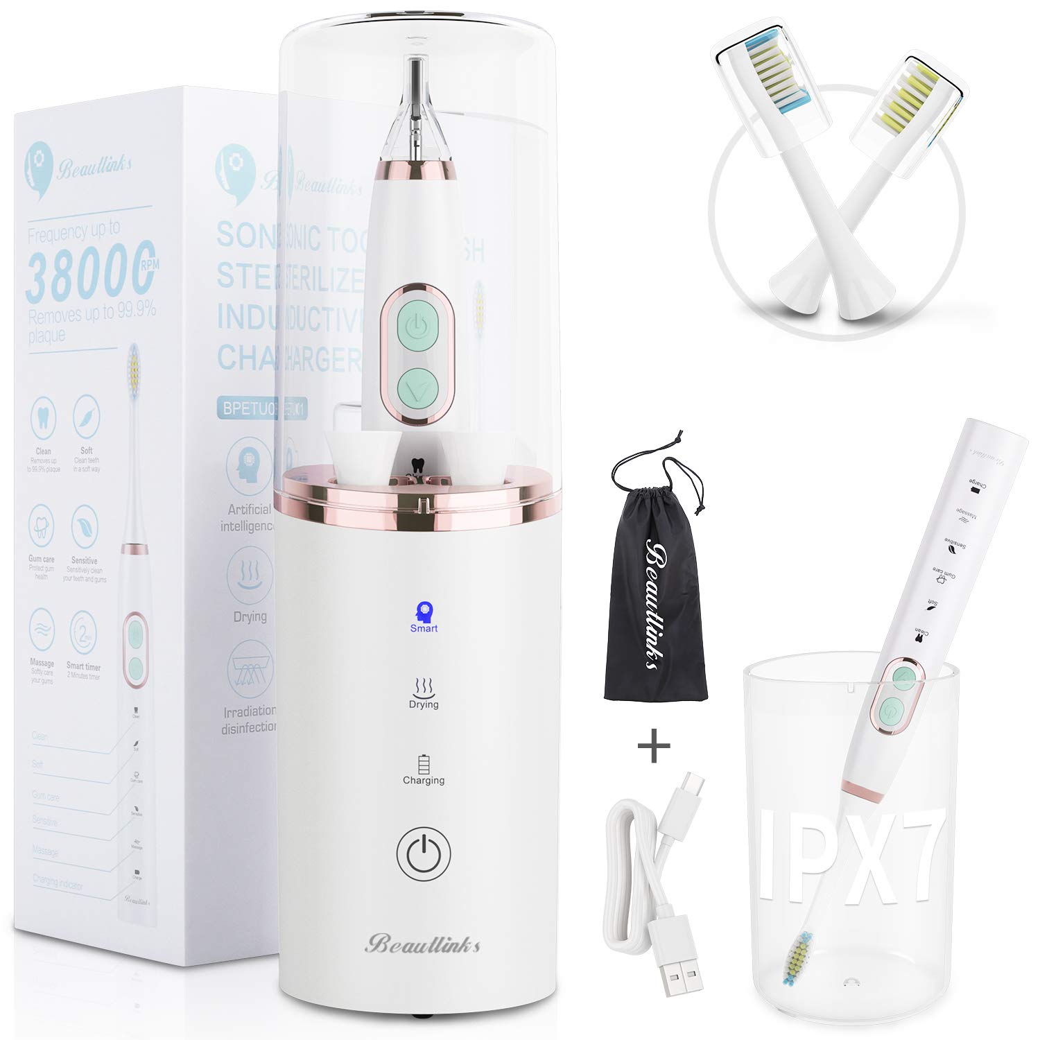 Beautlinks Electric Toothbrush, Power Toothbrush with 5 Modes, 2-Min Smart Timer, 2 Brush Heads, Travel Bag Included for Travel and Home Use