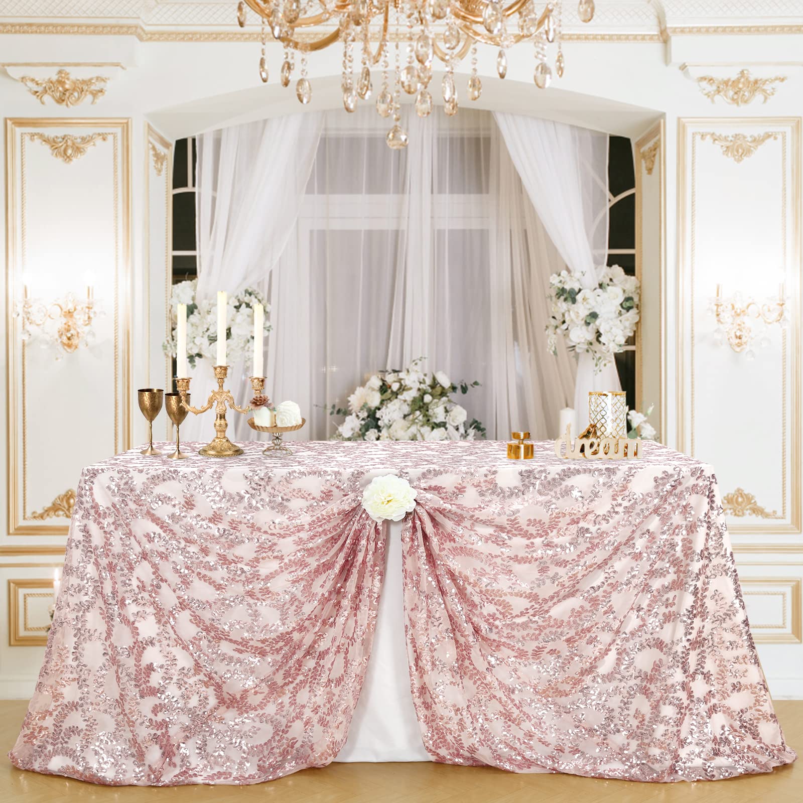 B-COOL Sequin Tablecloth Rose Gold Table Decorative Tablecloth Luxurious Vine Sparkly Tablecloth Ultimate Glam Inspired Wedding Graduation Event 90x156inches
