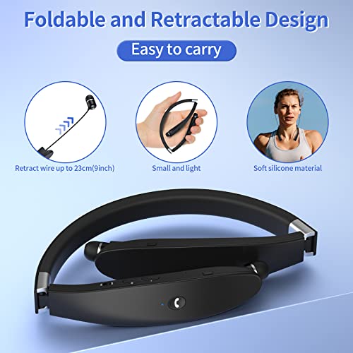 Bluetooth Headphones, Neckband Wireless Bluetooth Headset with Retractable Earbuds and Carrying Case, Foldable Noise Cancelling Earphones with Mic for Workout, Sweatproof & Lightweight (Black)