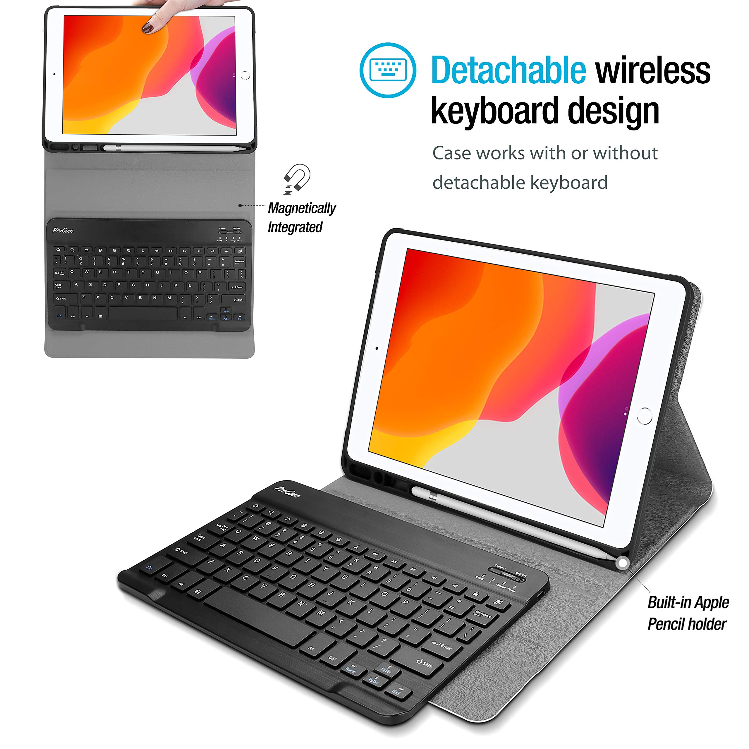 ProCase Keyboard Case for iPad 10.2 9th Gen 2021/ 8th Gen 2020/ 7th Gen 2019/ iPad Air 10.5" 2019 / iPad Pro 10.5 2017, Wireless Magnetically Detachable Keyboard Case, Auto Sleep/Wake -Black