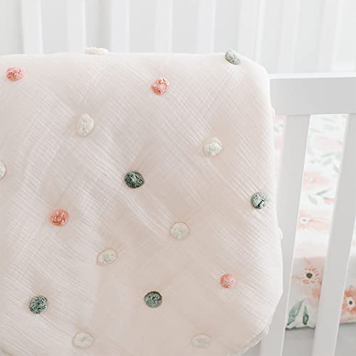 Crane Baby Blanket, Soft Cotton Pom Pom Nursery and Toddler Blanket for Boys and Girls, Light Pink, 36β x 36β