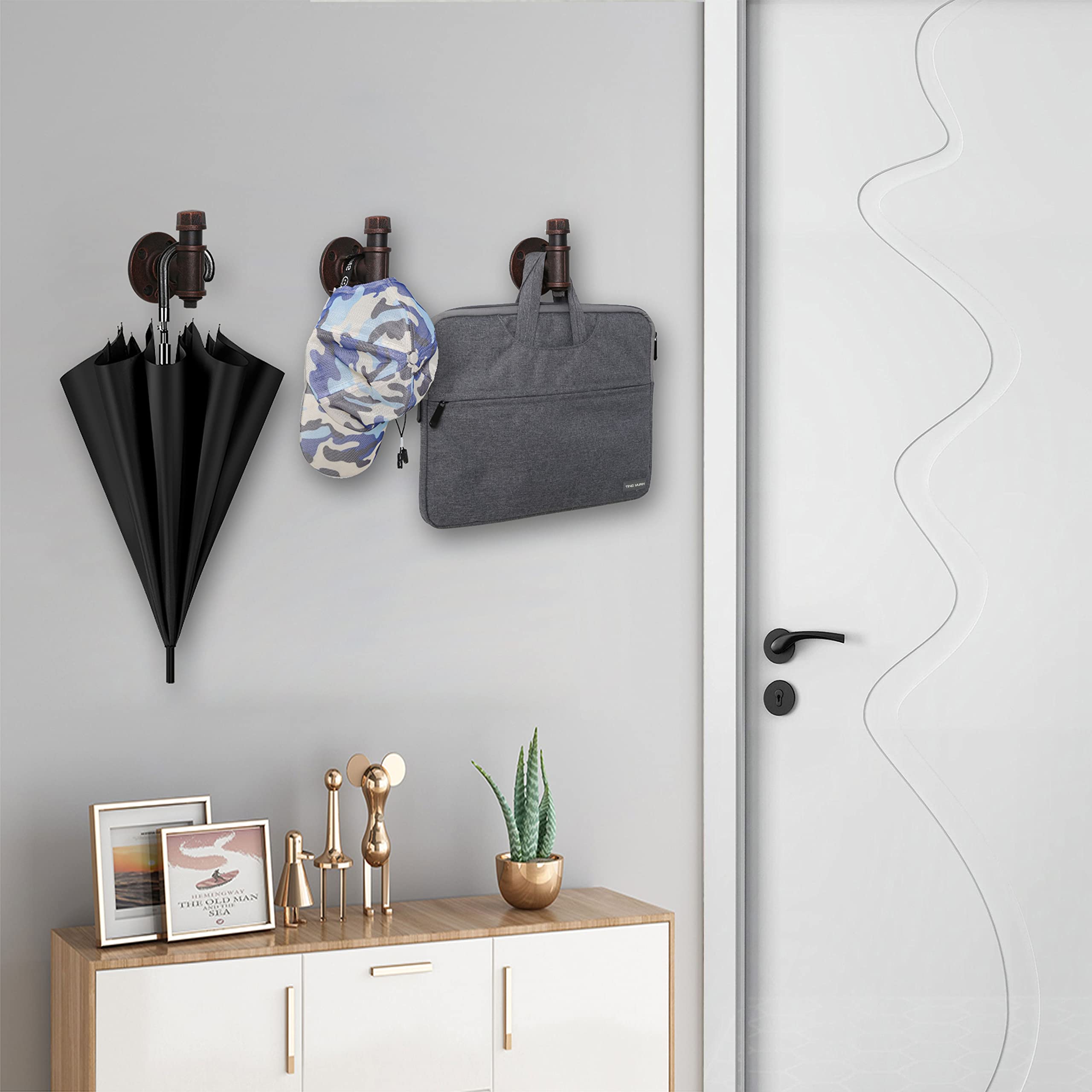 HOEMLIM Pipe Towel Robe Hooks Holder Rustic Industrial Wall Hooks for Hanging Farmhouse Coat Hook Rack Vintage Heavy Duty Clothes Hat Hanger(Red Bronze,3 Pack)