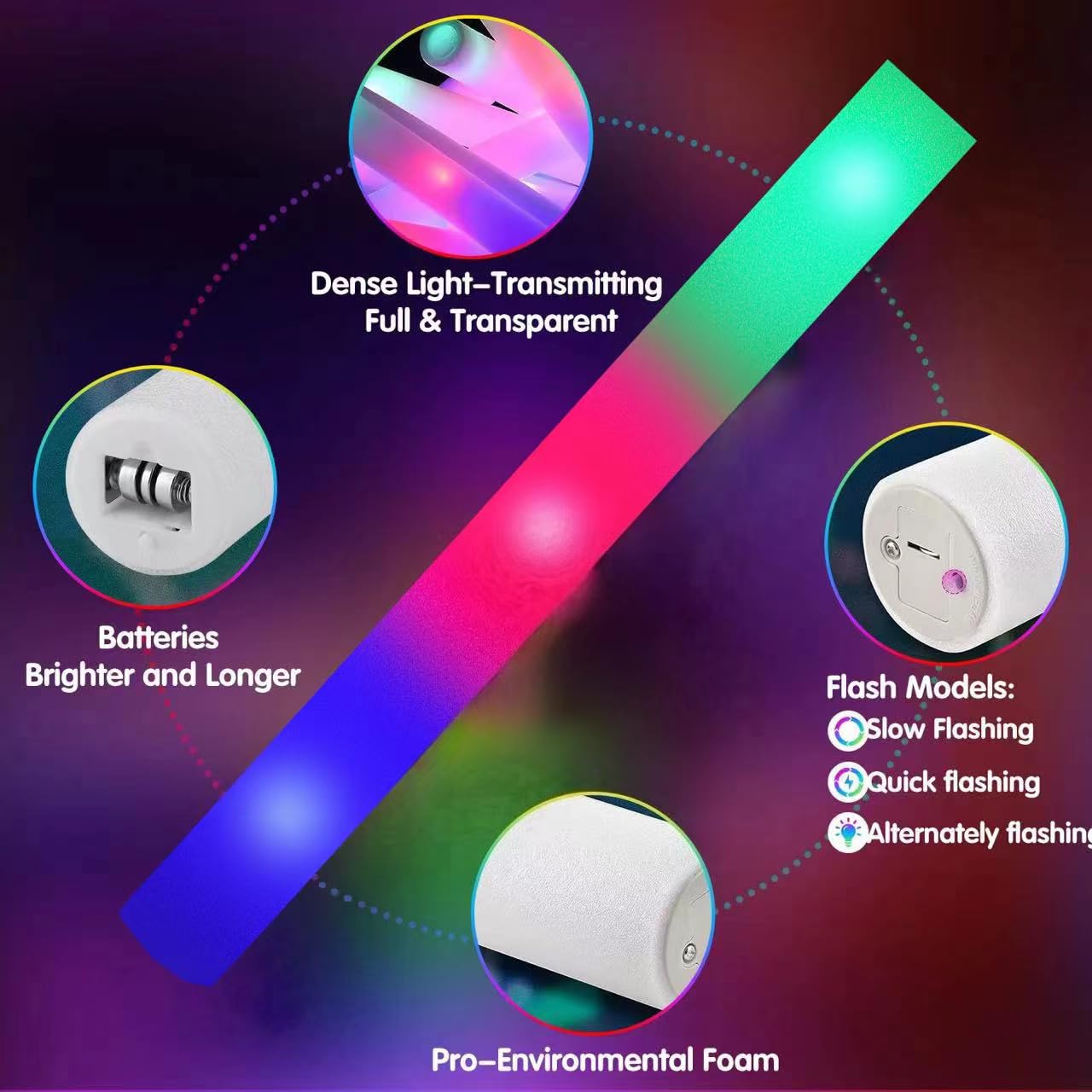 SHQDD 100 Pack LED Glow Sticks for Wedding, Bulk Foam Glow Sticks with 3 Modes Colorful Flashing, Glow Stick Bulk Party Pack for Wedding, Raves, Concert,Camping, Sporting Events, Pool Party