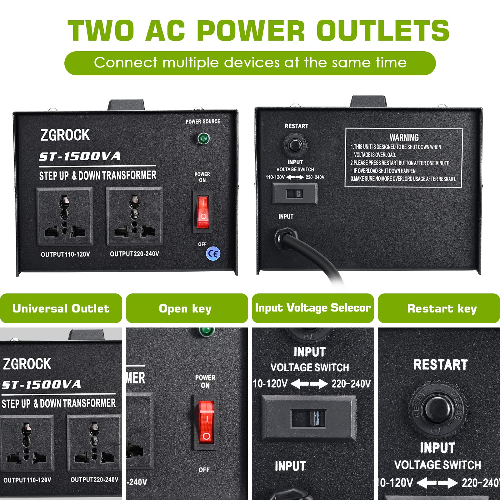 ZGROCK 1500W Voltage Converter Transformer Heavy Duty Step Up/Down- 110 / 220V- Circuit Breaker Protection