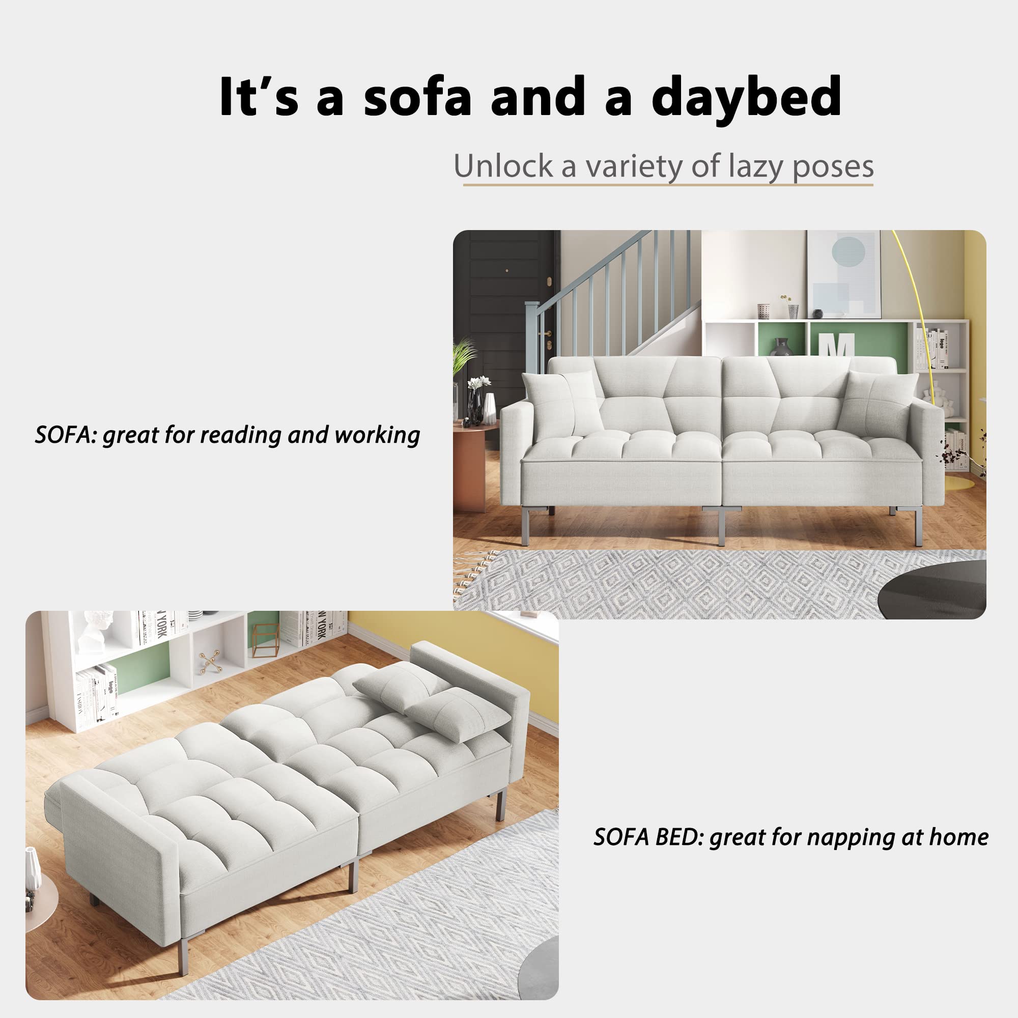 Majnesvon Linen Convertible Futon Sofa Bed, 2-in-1 Sleeper with 2 Pillows, 3 Adjustable Angles for Backrest, Living Room Couch 5 Sturdy Metal Legs, Upholstered Loveseat Home, (White)