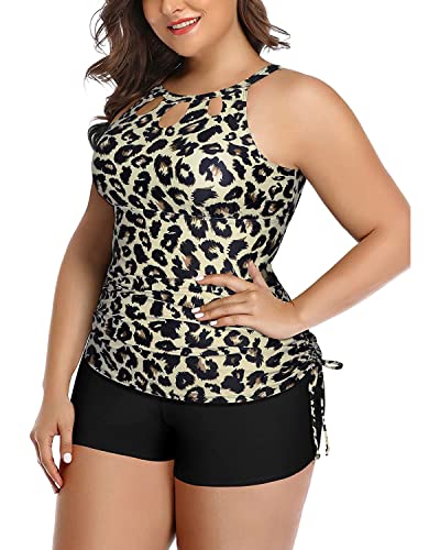 Aqua Eve Women Two Piece Plus Size Swimsuit High Neck Tankini Set Tummy Control Bathing Suit with Shorts Leopard 18W