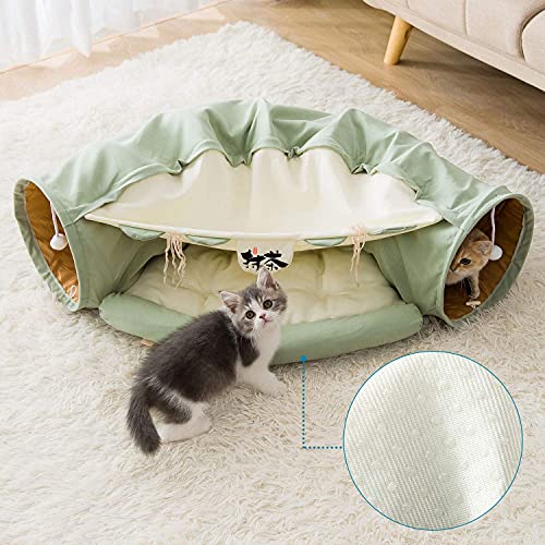 HIPIPET Cat Tunnel for Indoor Cats, Cat Tube with Collapsible Washable Cat Bed,Premium Cat Toy for Small Medium Large Cat.(Matcha)