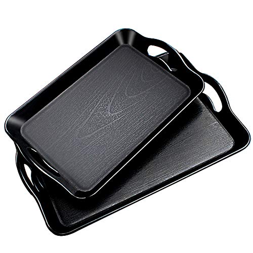 Uniyou Wood Grain Serving Tray with Handles Rectangular Thickened Waterproof Heat Resistant Plastic Serving Tray with Wide Handle, Black 16.5'' x 11'' and 14.5'' x 9''