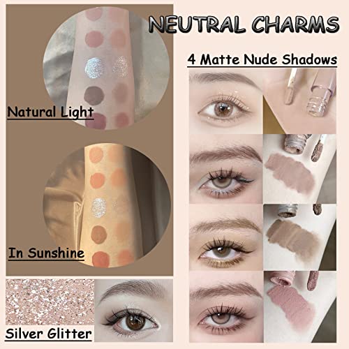 4Pcs Matte Liquid Eyeshadow + 1Pcs Sparkling Glitter Eyeshadow Set, Korean Makeup, Neutral Naked Nude Bling Eye Shadows,Quick Drying,Waterproof, Long Lasting,One Swipe Eye Make Up Kit for Natural Crystals Makeup