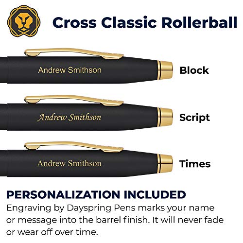 Dayspring Pens Cross Rollerball Pen | Engraved/Personalized Cross Classic Century Black Rollerball Pen with Gold Trim AT0085-110. Custom Laser Engraving of Your Personalized Gift Recipient's Name