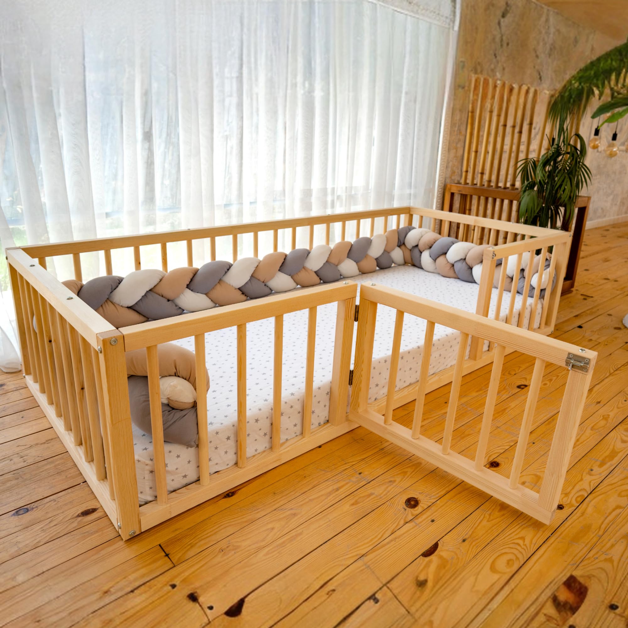 Montessori Floor Bed with Door for Toddler 75.8'' x 80'' King Size | Pine Wood Natural Solid Frame Bed Door in the Middle | Sturdy Design Floor Bed Frame for Boy and Girls (King, Height : 23.6 Inches)