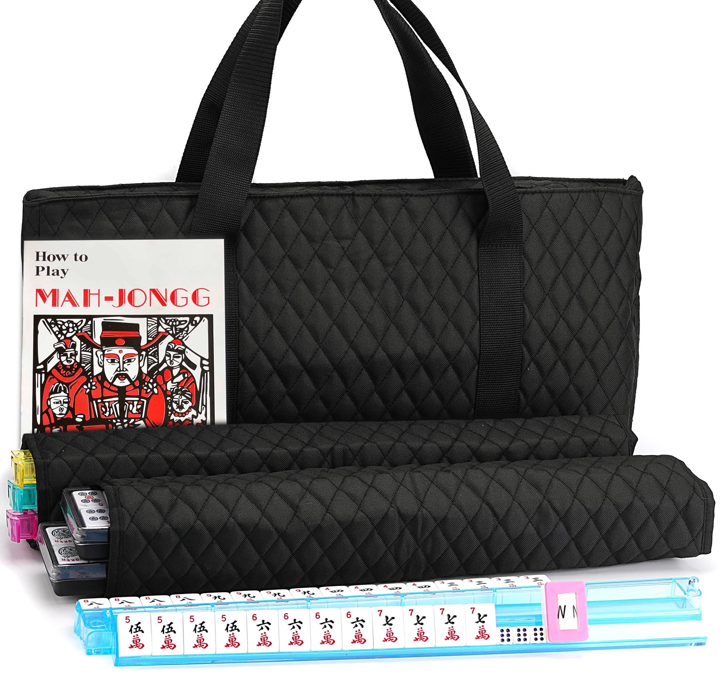 American Mahjong Game Set - Black Quilted Soft Bag 166 Premium Tiles with 4 All-in-One Rack/Pushers,100 Chips, Wind Indicator, English Manual. Easy Carry Complete Classic Mah-Jongg Set