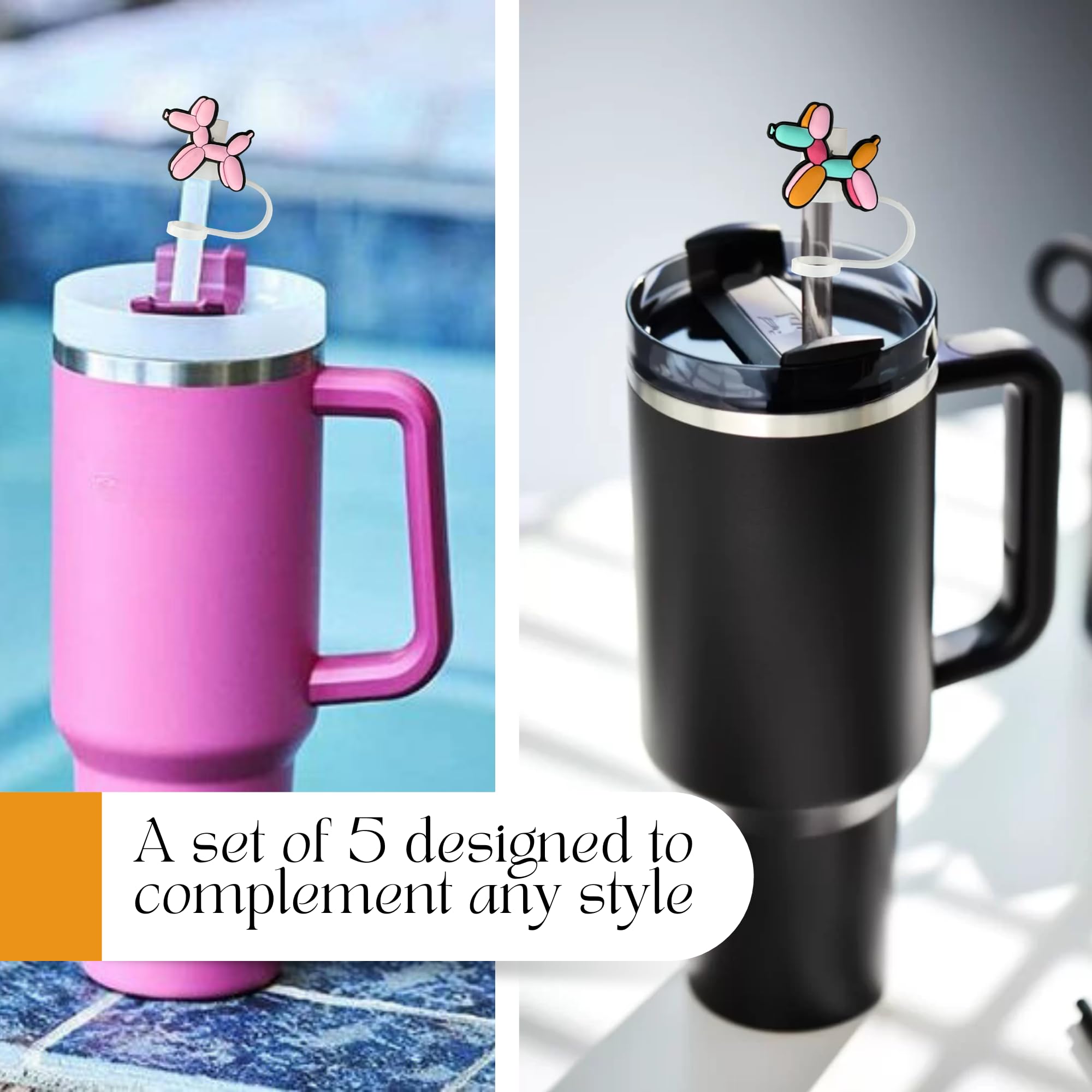 5 PCS Silicone Straw Covers Cap Compatible with Stanley Cup, 10mm Cute Balloon Dog Straw Toppers for Tumblers, Dust-Proof Drinking Straw Caps for Reusable Straws Tips Lids