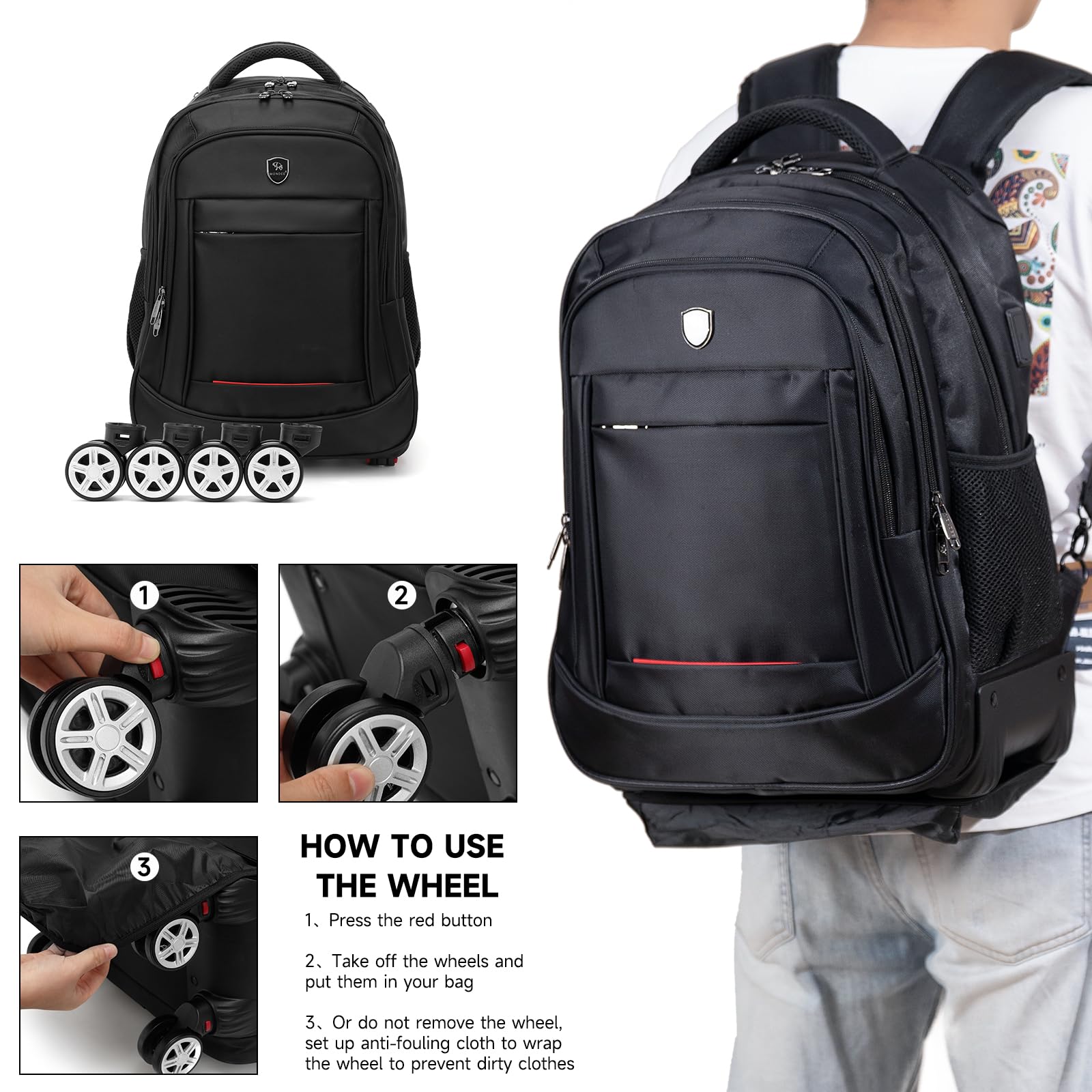 360 °rotating Water Resistant Rolling Backpack with Wheels, Travel Fit 15.6 Inch Laptop Backpack Airline Approved With Usb Charging Port,Carry on Luggage Backpack with 4 Wheels