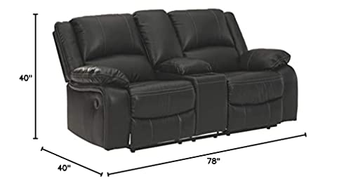Signature Design by Ashley Calderwell Faux Leather Manual Double Reclining Loveseat with Storage Console, Black
