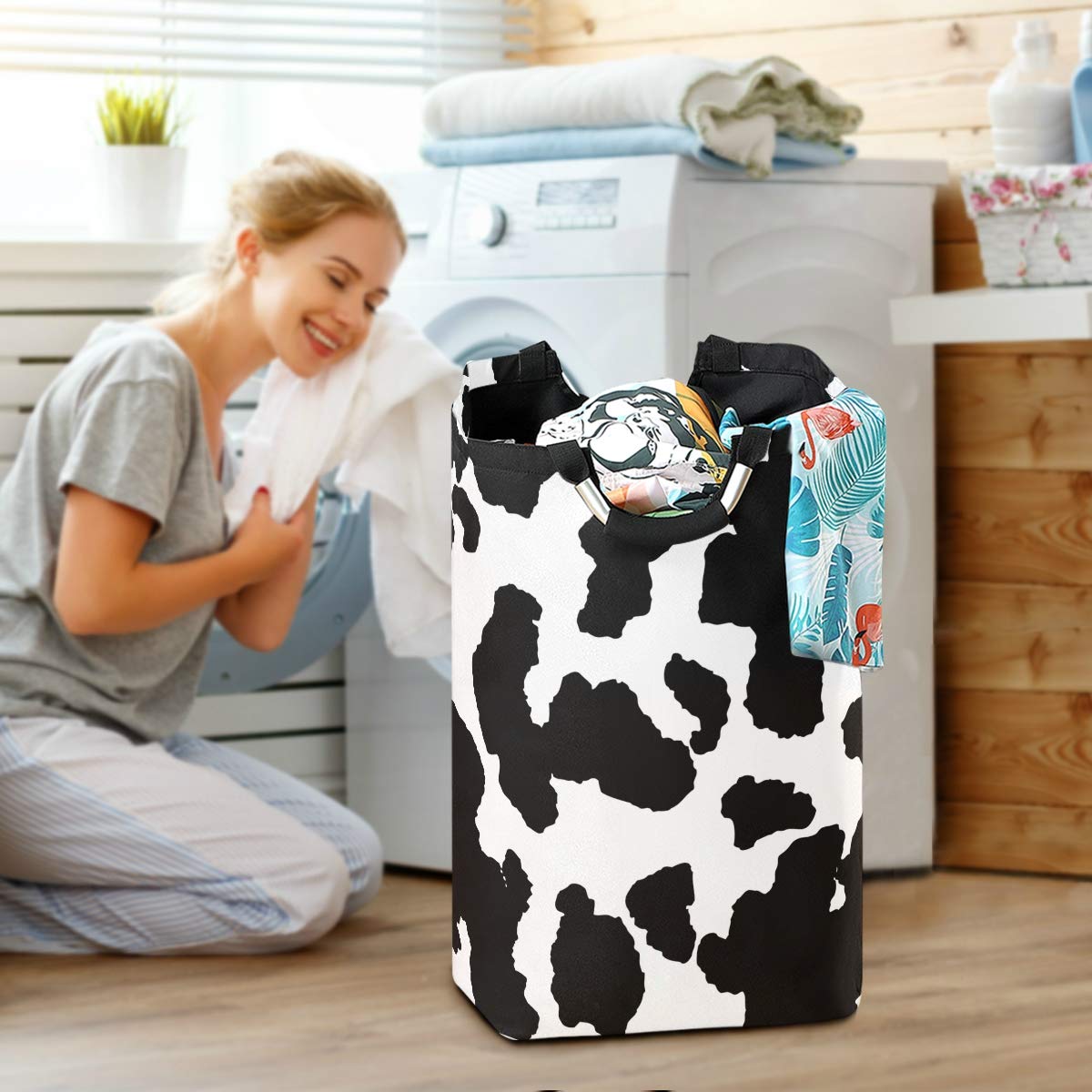 One Bear Fashion Laundry Basket Christmas Cute Cow Black and White Print Foldable Large Laundry Hamper Bucket with Handles Collapsible Nursery Storage Bin for Kids Clothes Toy