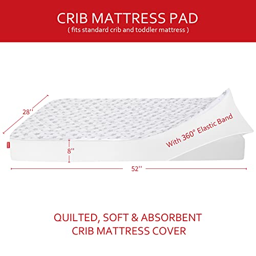 Crib Mattress Pad Protector Waterproof, Quilted Crib Mattress Pad Cover 52'' x 28'' Extra Soft Breathable Toddler Bed Cover Fitted Crib/Toddler Mattress Stretch Up to 8", White Star