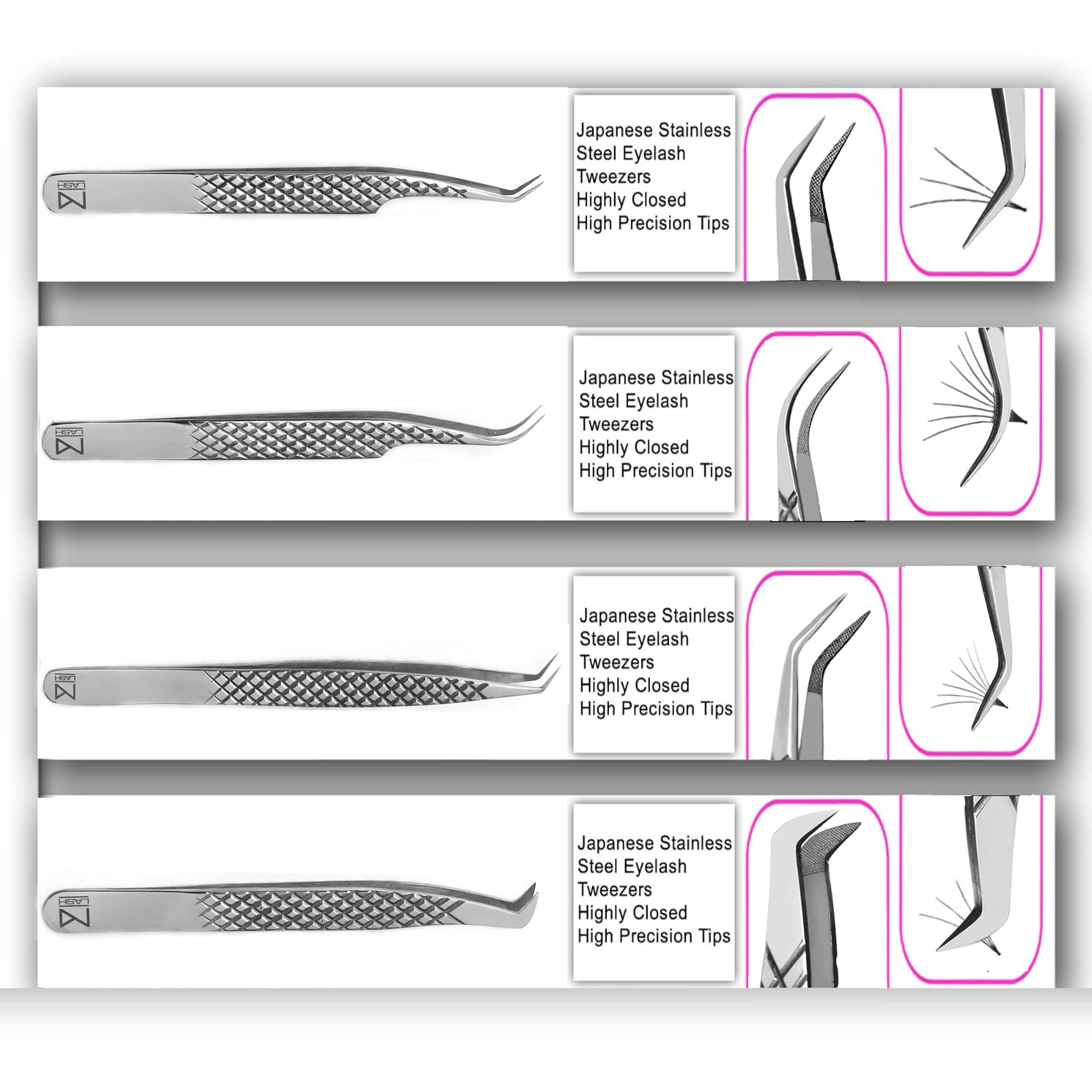 M LASH Tweezers for Eyelash Extensions (Set of 4) - Professional Lash Extension Tweezers - Fiber Tip, Japanese Steel, Diamond Grip Eyelash Extension Tweezer (Silver)
