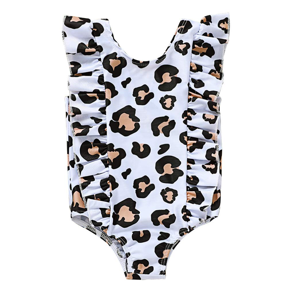 MODNTOGA Toddler Baby Girls Swimsuit Backless Ruffle One-Piece Swimwear Bathing Suit Tankini (Leopard, 110(3-4T))
